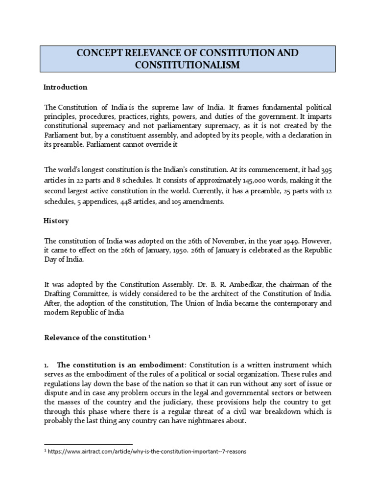 Concept Relevance of Constitution and Constitutionalism 1 | PDF | Constitution | Governance