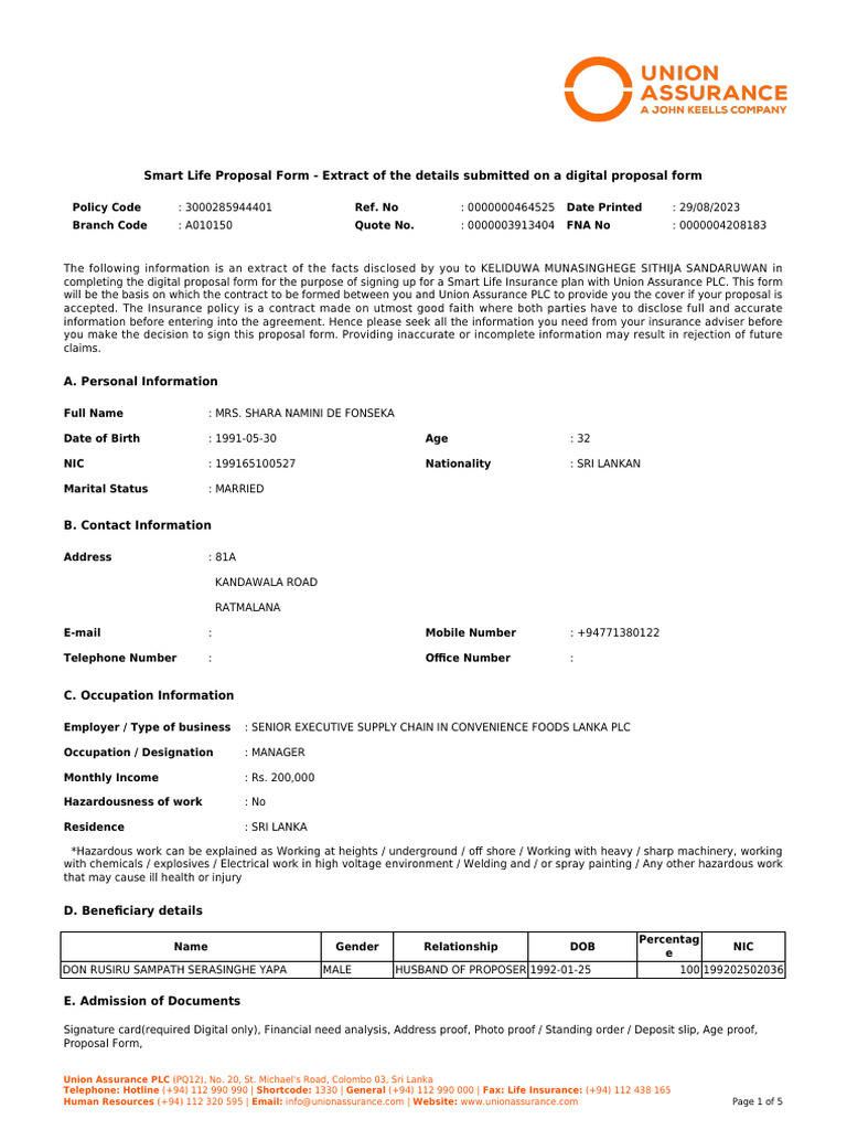 Smart Life Proposal Form - Extract of The Details Submitted On A ...