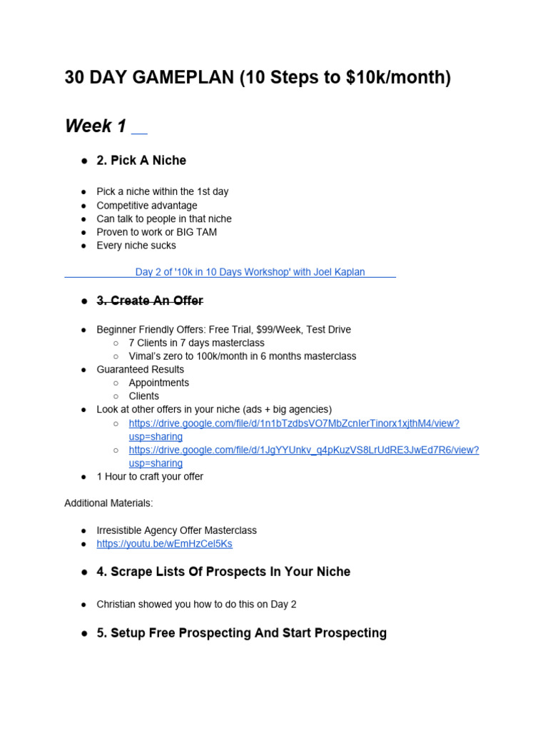 30 DAY GAMEPLAN (10 Steps to $10k_month) | PDF | Business