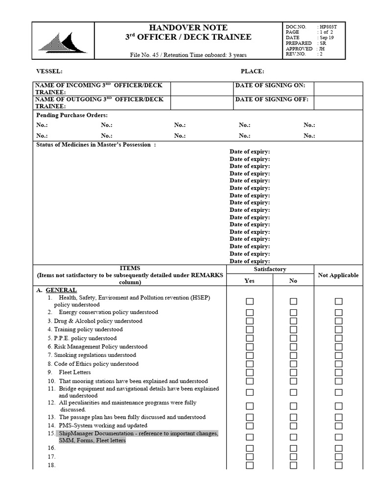3rd Officer Handover Note | PDF | Medicine | Health Care