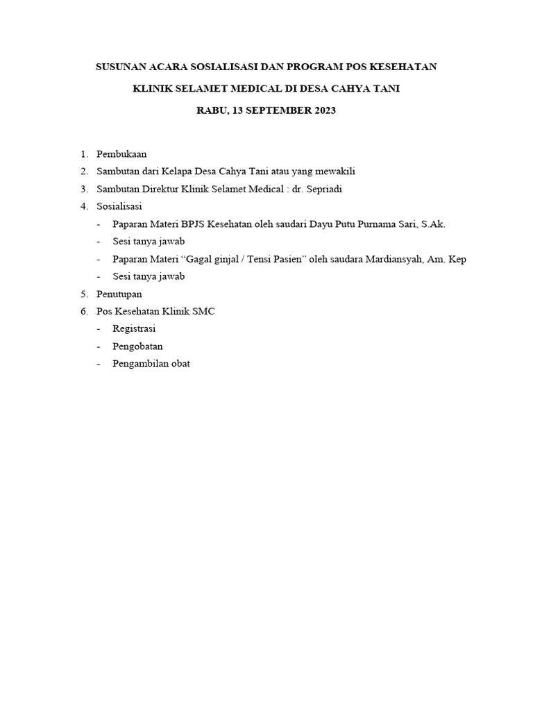 Susunan Acara Sosialisasi Dan Program Pos Kesehatan | PDF