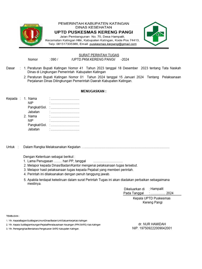 Surat Tugas dan SPD Puskesmas Kereng Pangi | PDF