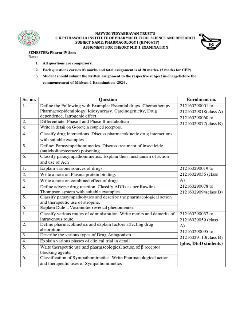 BP404 Pharmacology - I Assignment-1 | PDF | Pharmacology | Pharmacokinetics