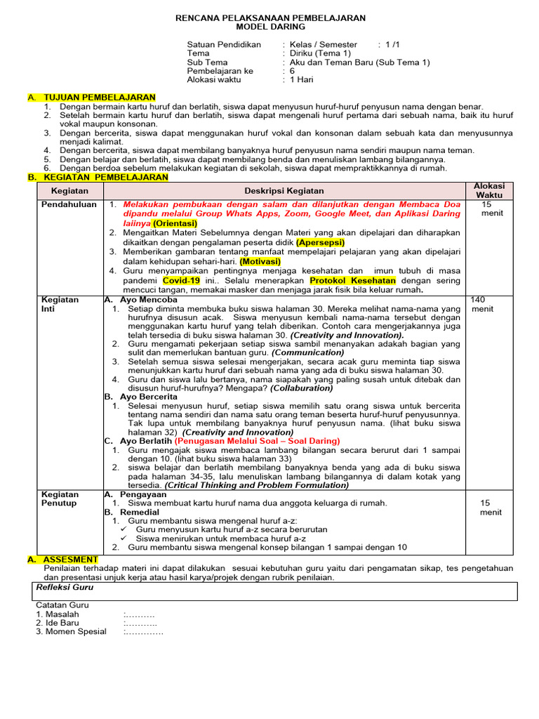 contoh RPP Daring kelas 1 | PDF