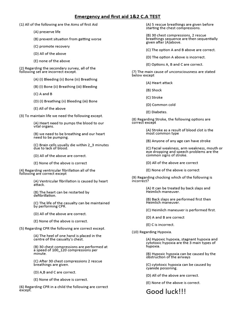 CA Test | PDF | Cardiopulmonary Resuscitation | Hypoxia (Medical)