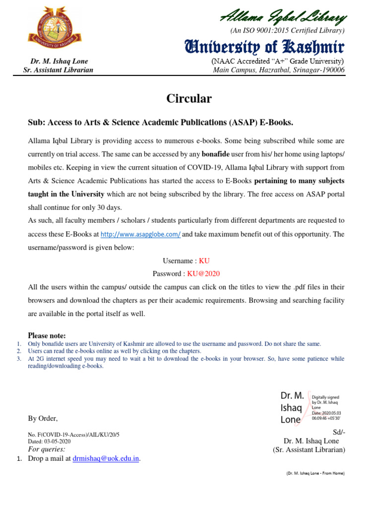 University of Kashmir: Circular | PDF | Libraries | Digital Technology