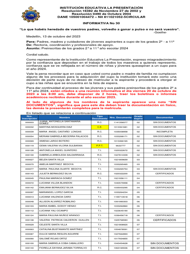 Preinscritas Grado 2 A 112024 | PDF