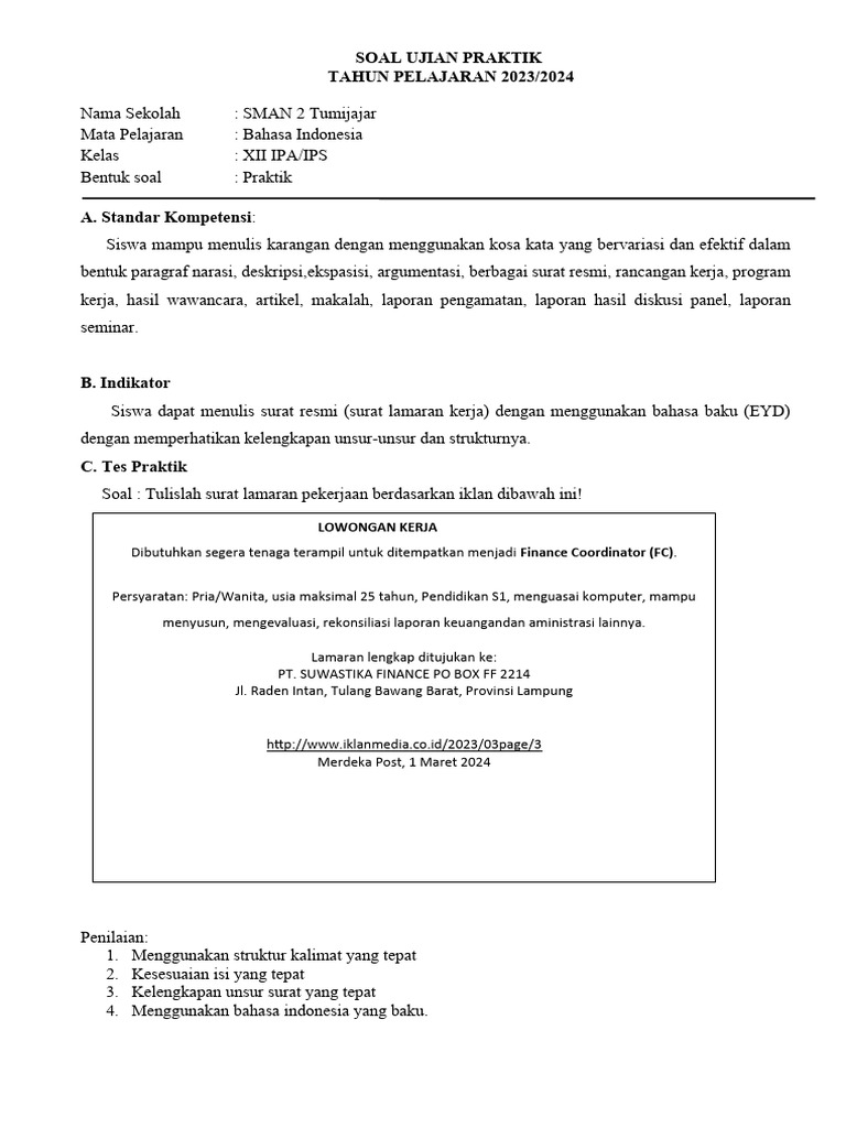 Soal Ujian Praktek B.indo Bu Maya 2024 | PDF | Karier & Perkembangan | Seni