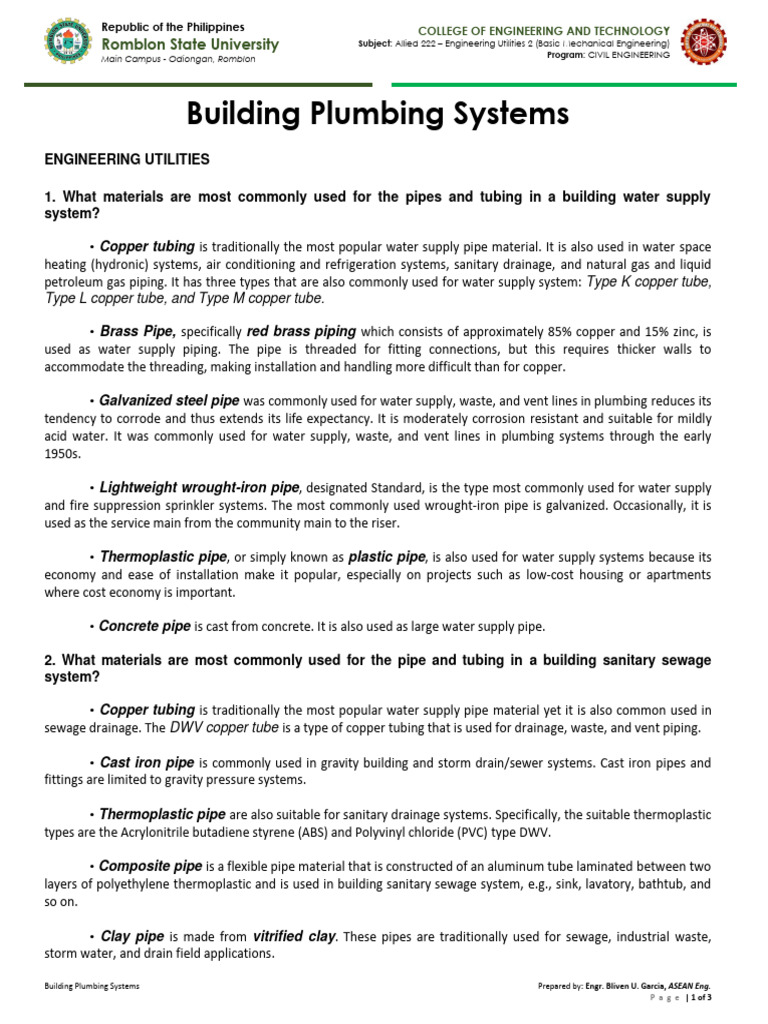 Building-Plumbing-Systems-Week-1-2 | PDF | Plumbing | Pipe (Fluid ...