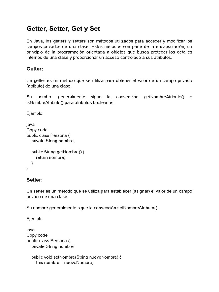 Getters y Setters en Java: Encapsulación | PDF | Java (lenguaje de programación) | Paradigmas de ...