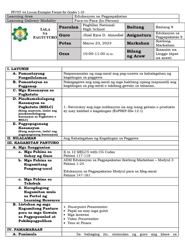 EsP 9 Lesson Exemplar Ang Kahalagahan NG Kasipagan Sa Paggawa 3rd ...