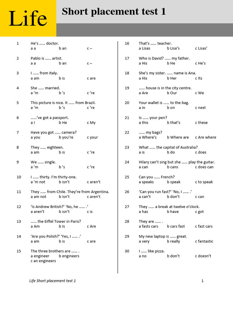Beginner, Elementary Short Placement Test | PDF