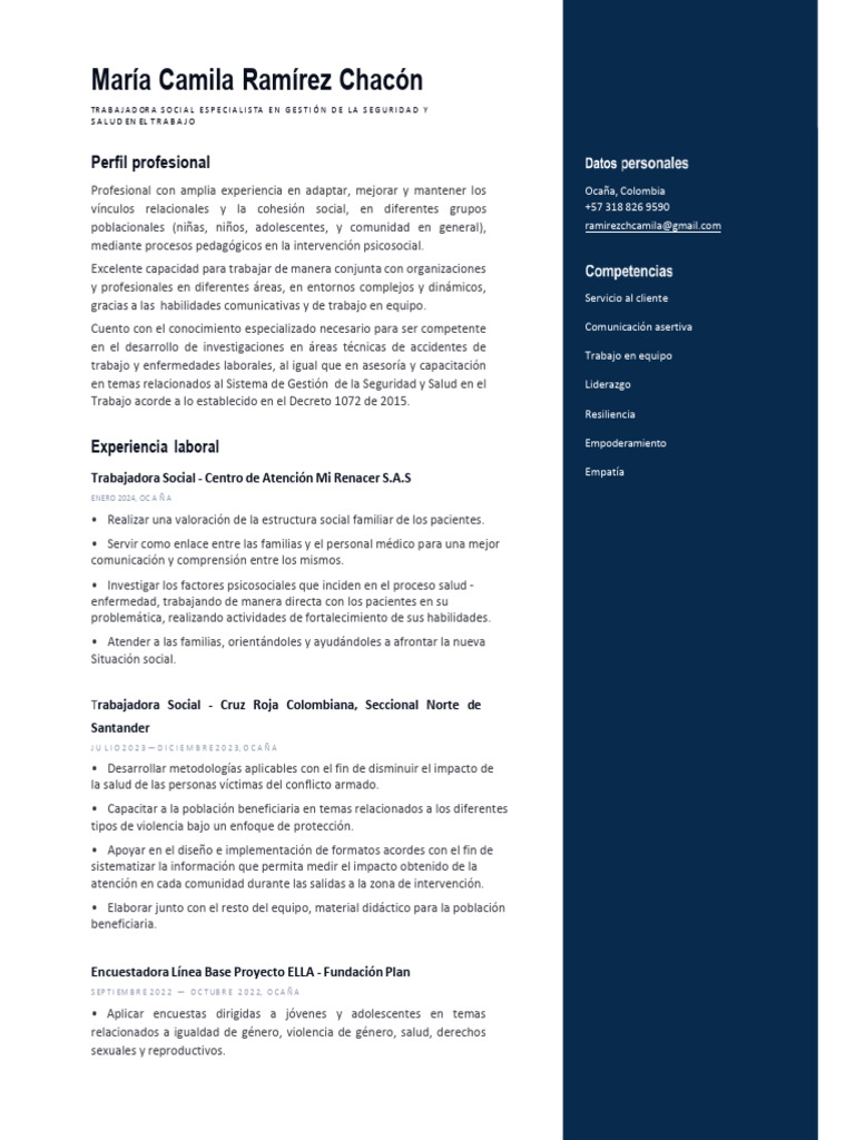 HV Maria Camila Ramirez Chacon | PDF | Trabajo Social | Colombia