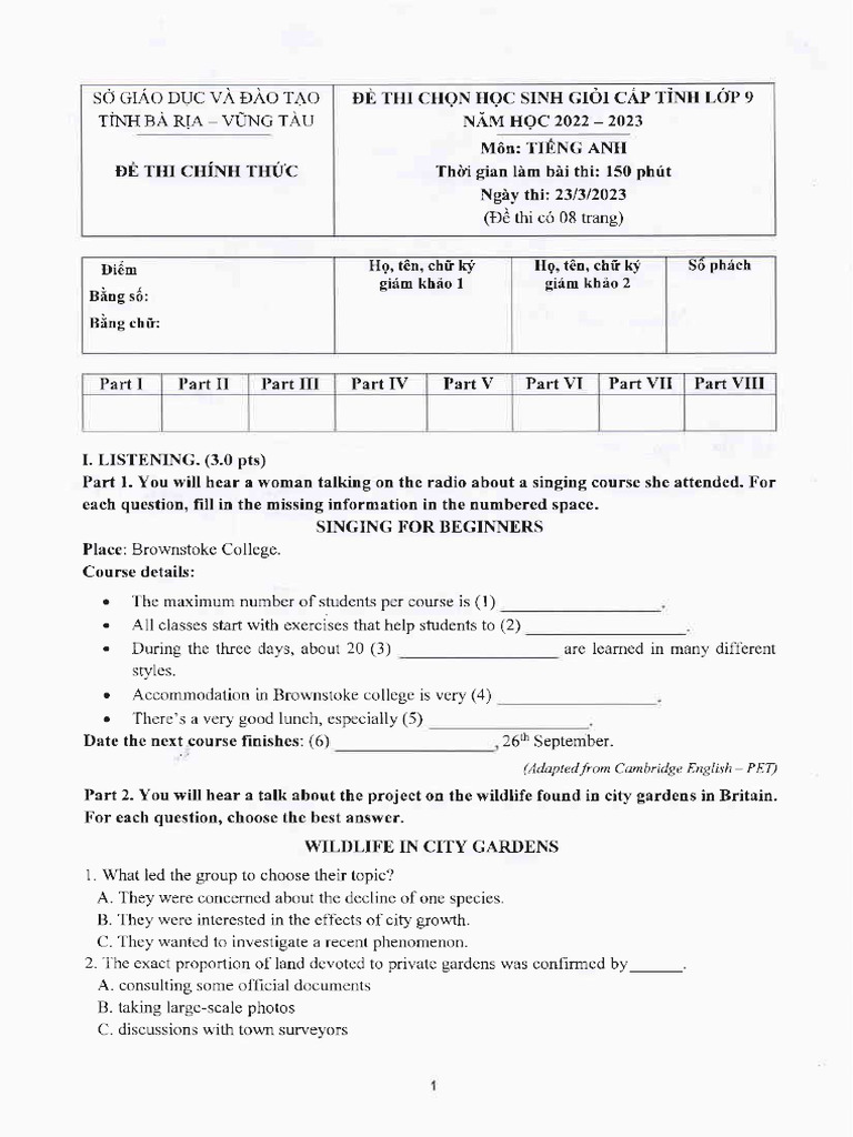 De Thi Hoc Sinh Gioi Cap Tinh Mon Tieng Anh Lop 9 Nam 2022 2023 Co Dap An So GD DT Ba Ria Vung ...