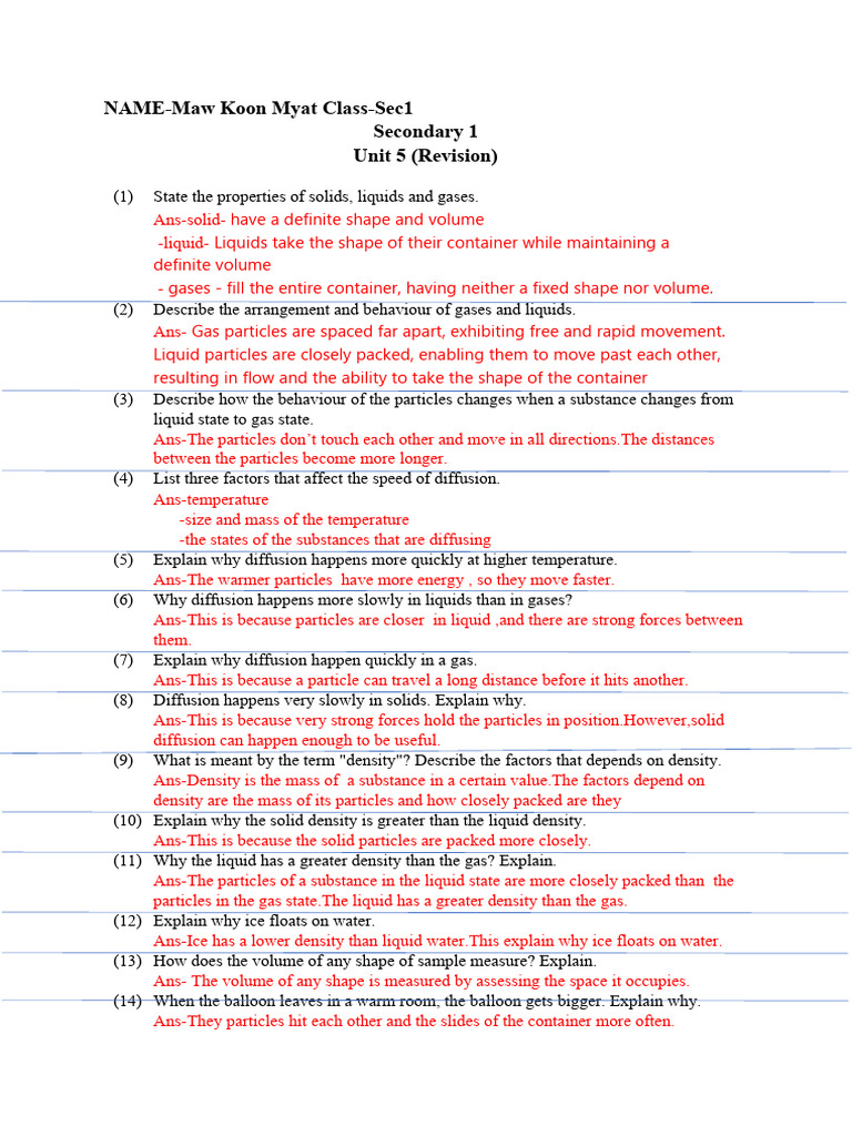 Sec 1 Revesion Chapter 5 With Ans | PDF | Gases | Liquids