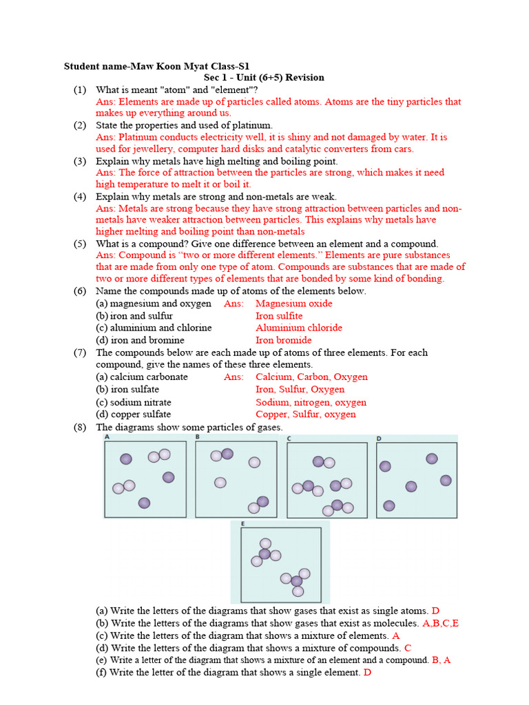 Sec 1 Unit (6+5) Revision | PDF | Chemical Compounds | Chemical Elements