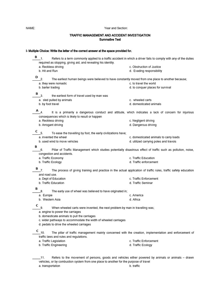 traffic-summative-test | PDF | Traffic | Road Traffic Safety