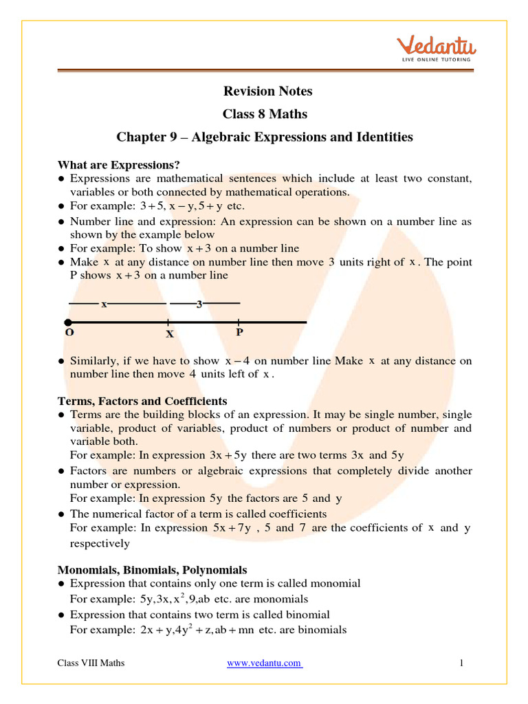 Algebraic Expressions and Identities Class 8 Notes CBSE Maths Chapter 9 ...