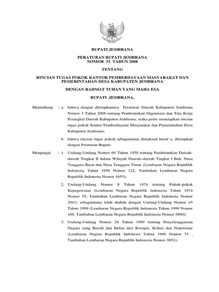 Perbu 52 Tahun 2008 Rincian Tugas Pokok Pemberdayaan Masyarakat Dan Pemdes | PDF