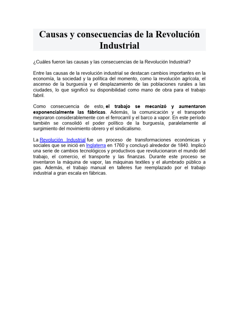 Causas y consecuencias de la Revolución Industrial | PDF | Revolución industrial | Agricultura