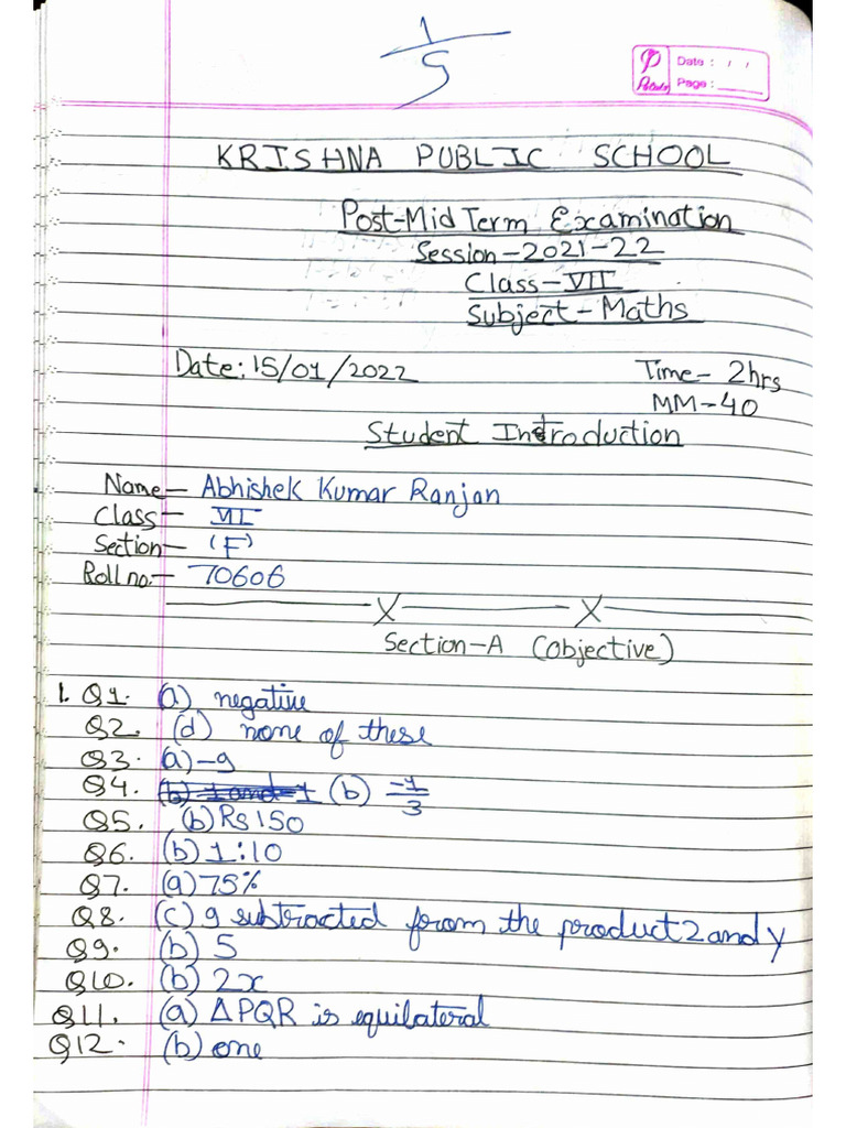Maths answer sheet(1) | PDF