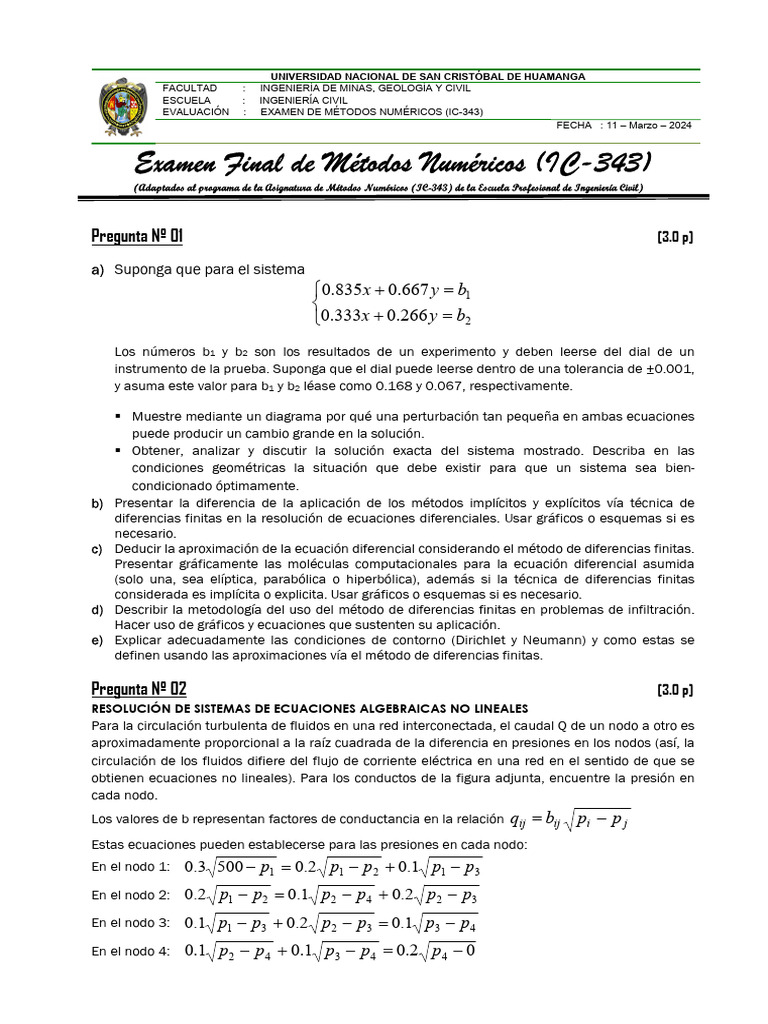 Examen Final de Métodos Numéricos | PDF | Análisis numérico | Ecuaciones