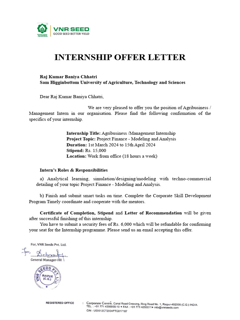 VNR Seeds Offer Letter | PDF