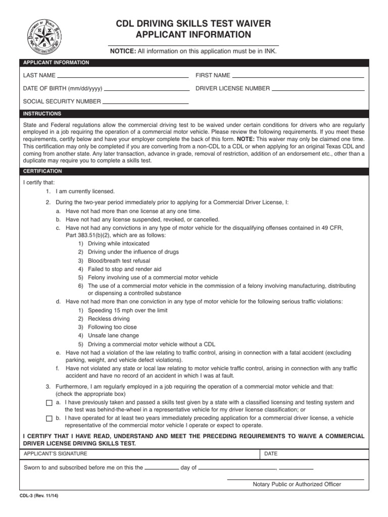 CDL Driving Skills Test Waiver Applicant Information | PDF | Business