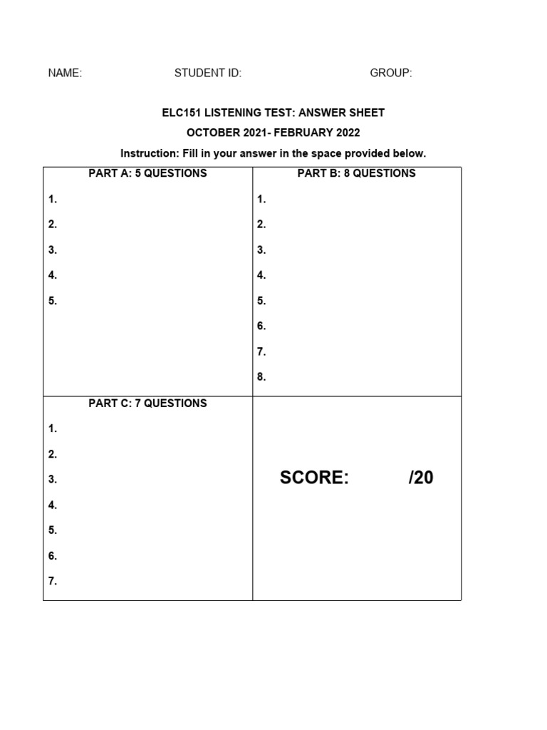 ELC151 Listening Test Answer Sheet | PDF