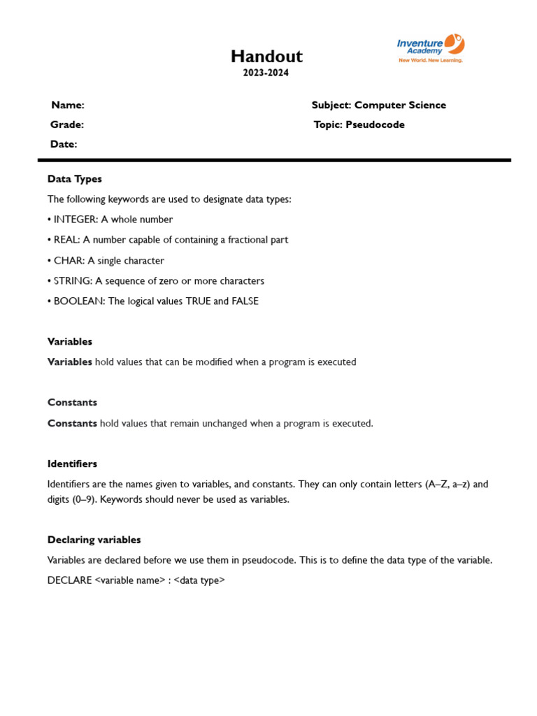 Pseudocode - Handout - 2023-24 - Grade 8 | PDF | Boolean Data Type ...