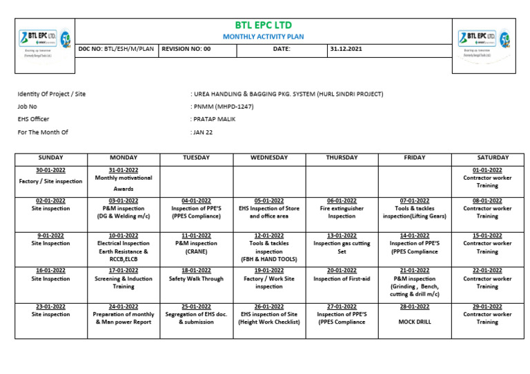 MONTHLY HSE ACTIVITY PLAN JAN 22 | PDF | Safety | Occupational Safety ...
