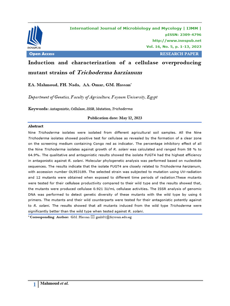 Induction and Characterization of A Cellulase Overproducing Mutant Strains of Trichoderma ...