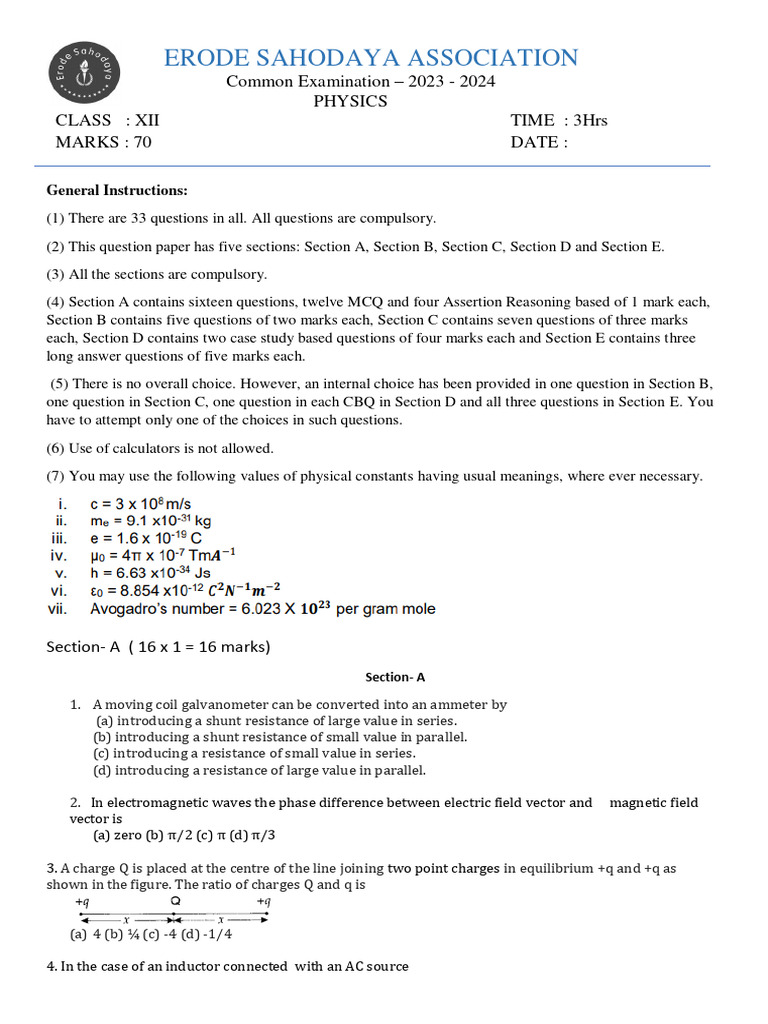 Esa - 12 Physics QP Set 2 | PDF | Inductance | Inductor