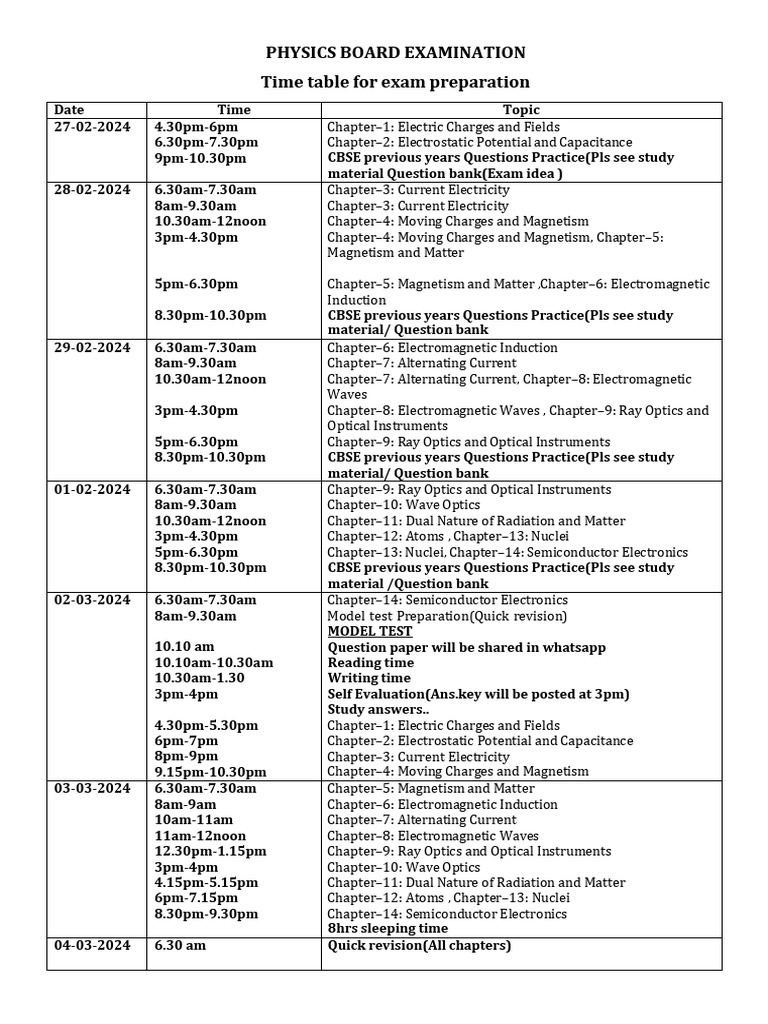 PHYSICS BOARD EXAM PREPARATION-TIME TABLE (1) | PDF | P–N Junction ...