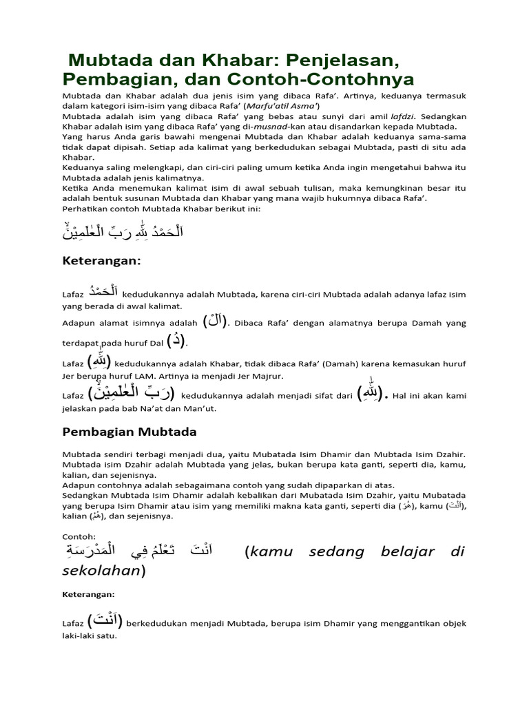 Penjelasan Mubtada' Dan Khobar | PDF | Kajian Bahasa Asing