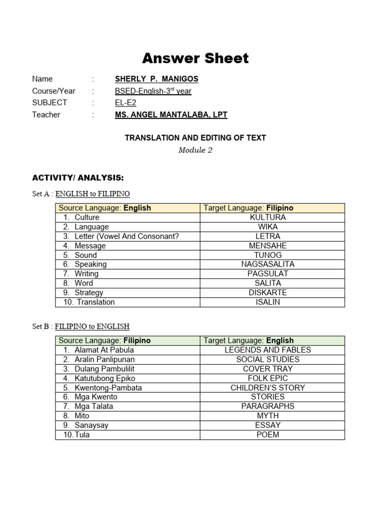 El-E2 - Translation and Editing of Text-2 | PDF | Tagalog Language ...