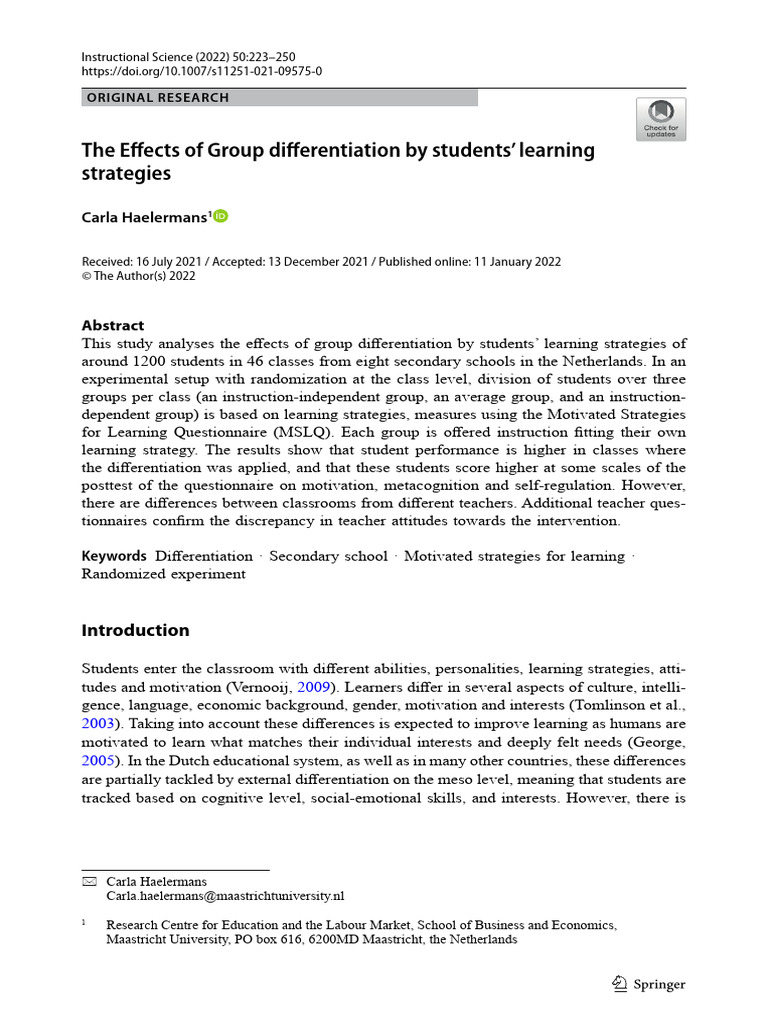 The Effects of Group Differentiation by Students' Learning Strategies ...