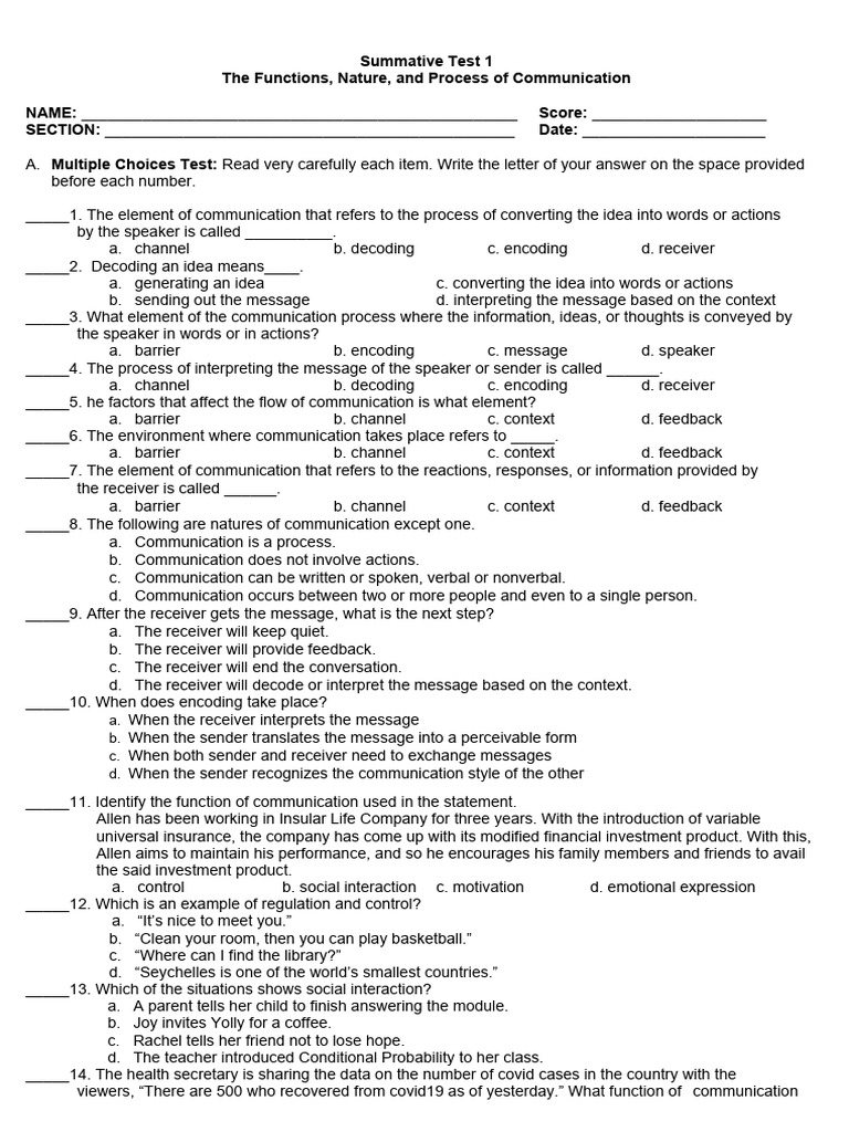 Communication Functions and Processes Test | PDF | Communication ...