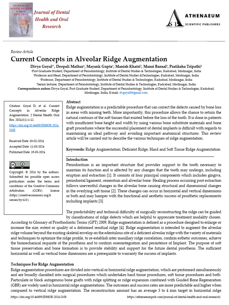 Current Concepts in Alveolar Ridge Augmentation | PDF | Dental Implant ...