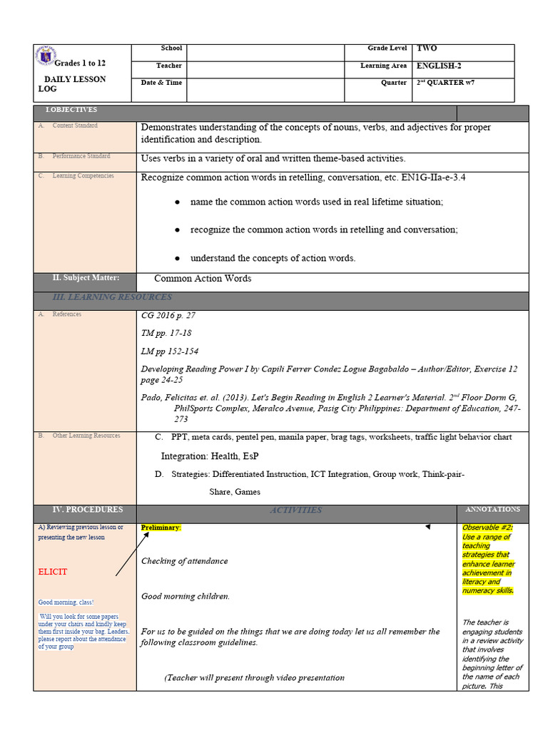 COT ENGLISH GRADE 2 Q 2 Action Words - NALIC | Download Free PDF ...