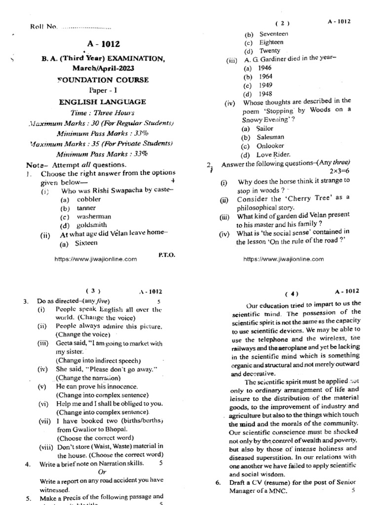 Ba 3 Year English Language A 1012 Apr 2023 | PDF