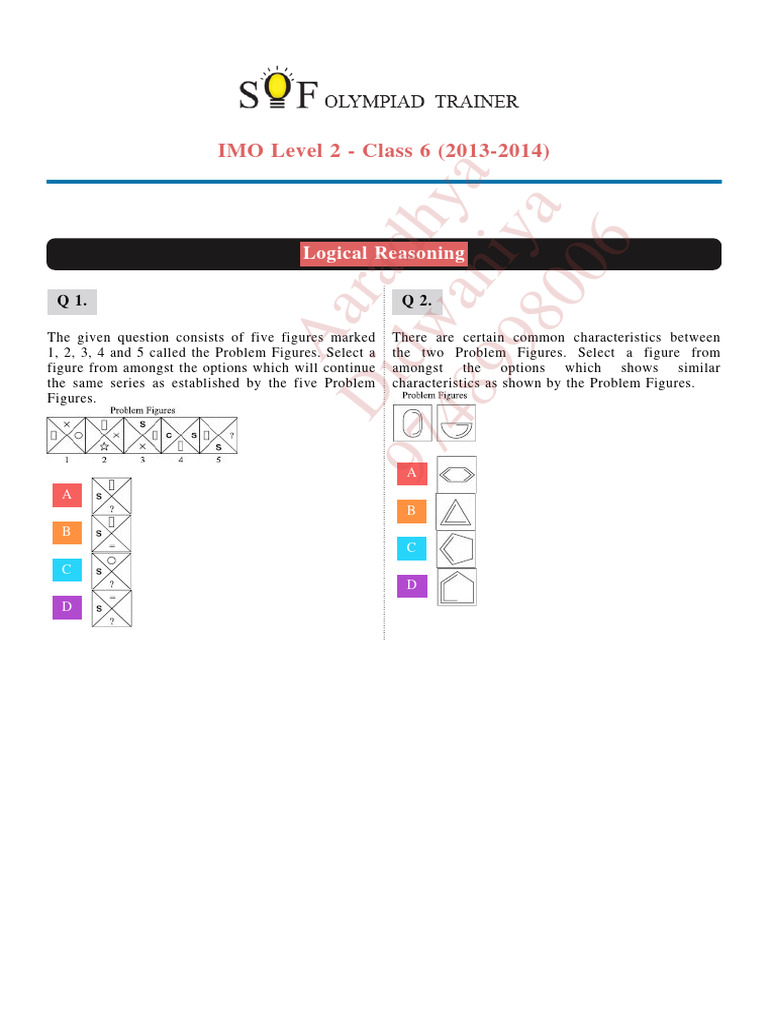 IMO Level 2 - Class 6 (2013-2014) | PDF | Elementary Mathematics | Geometry