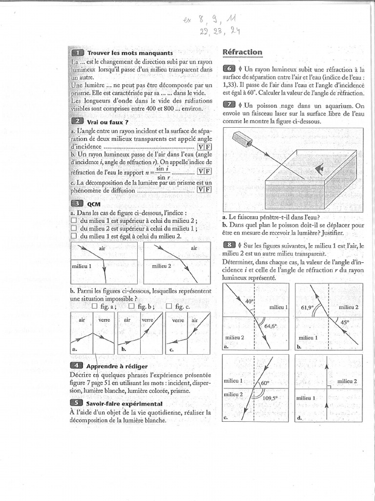 02 Réflexion Réfraction Exercices Corrigé | PDF