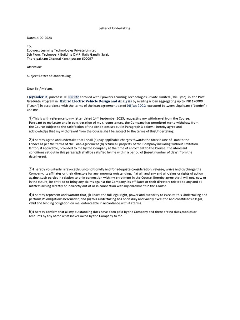 Letter of Undertaking RAVI JEYENDER | PDF | Loans | Common Law