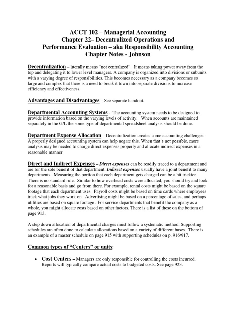 ACCT 102 Chapter 22 Handout Decentralization | PDF | Return On Investment | Income