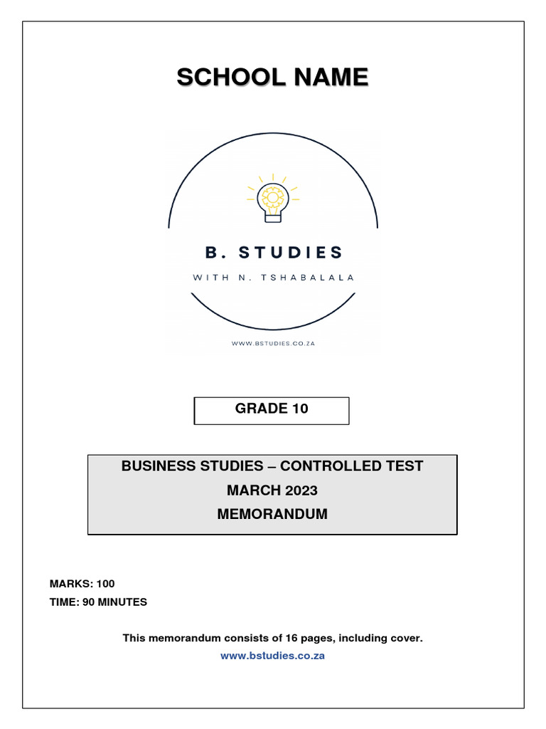 Grade 10 BS Term 1 Controlled Test MEMO | PDF | Finance & Money ...
