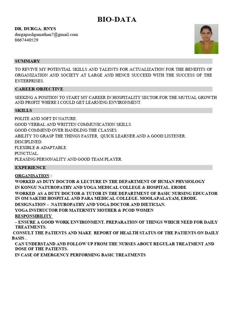 DR - Durga.bnys - Bio Data | Download Free PDF | Nursing | Naturopathy