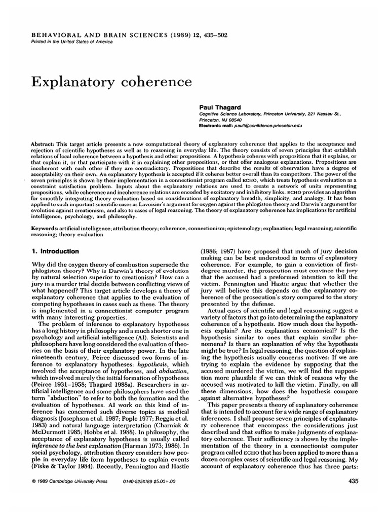 Explanatory Coherence: BEHAVIORAL AND BRAIN SCIENCES (1989) 12, 435-502 | PDF