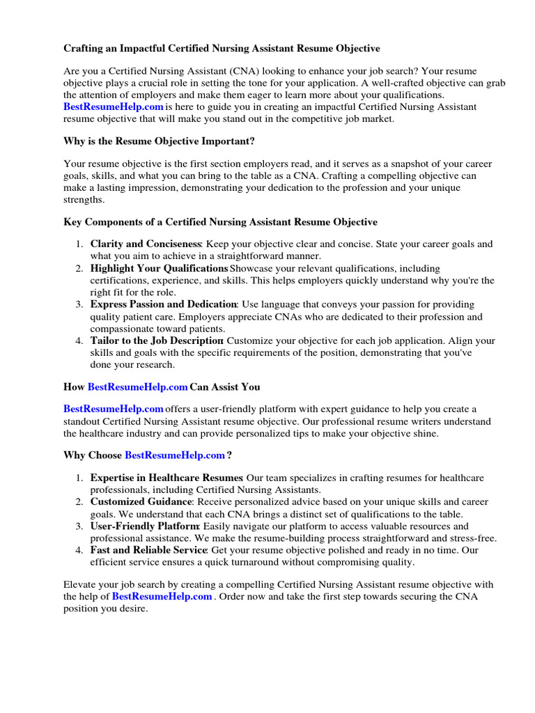 Certified Nursing Assistant Resume Objective | PDF | Nursing | Health Care