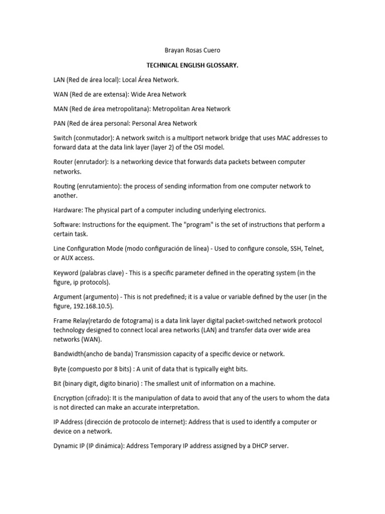 Brayan Rosas TECHNICAL ENGLISH GLOSSARY | PDF | Computer Network | Internet